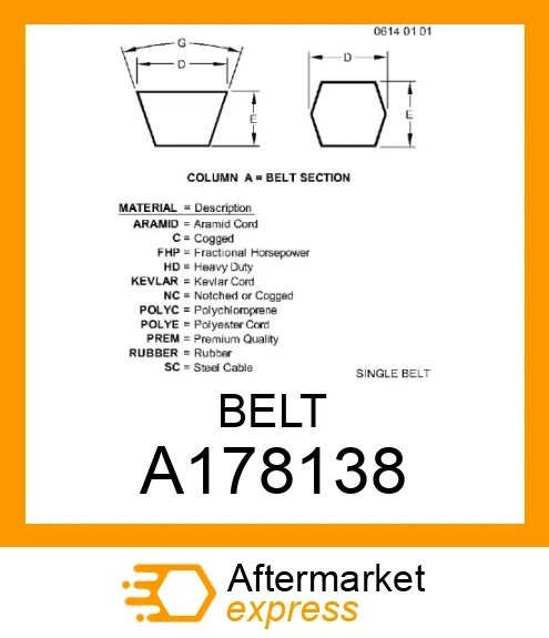 A-178138 - BELT fits JOHN DEERE | Price: $17.02 Stock: Wisconsin